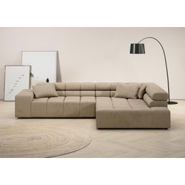 Ecksofa Home Affaire "Ancona, Ecksofa, incl. Kopfteilverstellung, Breite 319 cm, L-Form", beige (sand), B:319cm H:70cm T:215cm, Struktur (85% Polyester, 15% Viskose);Luxus-Microfaser weich (98% Polyester, 2% Nylon);Velours (100% Polyester), Sofas, Ecksofa, wahlweise motorische Sitztiefenverstellung, auch in Cord + Easy Care