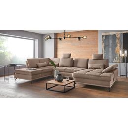 Wohnlandschaft OTTO HOME "Costello U-Form, B: 363 cm mit Sitztiefen- & Armteilverstellung", braun (hellbraun), B:363cm H:89cm T:223cm, 100% Polyester;Samtoptik (100% Polyester), Sofas, Wohnlandschaft, optional Bettfunktion & Bettkasten