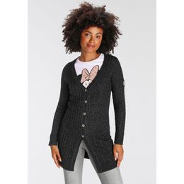 Longstrickjacke Kangaroos, Damen, Gr. 32/34, schwarz (anthrazit melange), Strick, Obermaterial: 50% Baumwolle, 50% Polyacryl, Zopfmuster, meliert, figurbetont Po-bedeckend, V-Ausschnitt, Rippb&uuml;ndchen, Strickjacken Longstrickjacke, mit Kn&ouml;pfen, po-bedeckende L&auml;nge, figurbetonte Passform