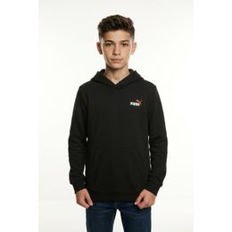 Kapuzensweatshirt Puma "ESS 2 COLOR SMALL NO 1 LOGO HOODIE FL B", Jungen, Gr. 128, Puma schwarz, rotflash, Fleece, Obermaterial: 66% Baumwolle, 34% Polyester, bedruckt, regular fit normal, angesetztes B&uuml;ndchen, Sweatshirts, mit verstellbarer Kapuze, mit K&auml;ngurutasche, &Auml;rmell&auml;nge lang