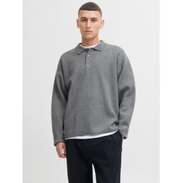 Jack & Jones Polokragenpullover JACK & JONES "JPRBLABRADFORT KNIT POLO", Herren, Gr. M, medium grau melange, Strick, Obermaterial: 67% Polyester, 25% Polyacryl, 8% Nylon, meliert, relaxed fit, Pullover