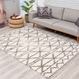 Hochflor-Teppich Carpet City "Pulpy 530" Gr. 34, beige (creme), B:80cm H:30mm L:300cm, Kunstfaser, Teppiche, Fransenteppich, besonders weich, mit Fransen, Geo-Muster