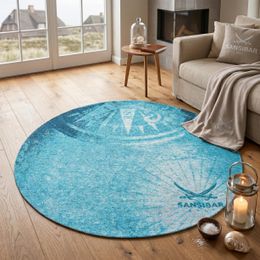 Teppich Sansibar "Keitum 011", blau, H:3mm &Oslash;:100cm, Polyester, Teppiche, Teppich, Flachgewebe, modernes Design, Motiv Kompass