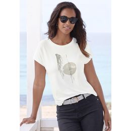 Rundhalsshirt Lascana "mit schimmerndem Folienprint", Damen, Gr. 32/34, wei&szlig; (wei&szlig;, beige, silber), Single Jersey, Obermaterial: 95% Viskose (LENZING&trade; ECOVERO&trade;), 5% Elasthan, Glitzermuster, bedruckt, unifarben mit Farbeins&auml;tzen, bequem, Rundhals, Shirts Rundhalsshirt, aus sommerlicher French Terry-Qualit&auml;t aus Viskose, Topseller