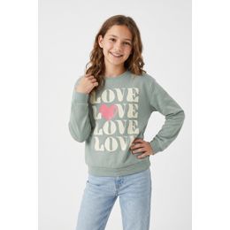 Sweatshirt name it "NKFVASACHA LS NREG SWEAT UNB", M&auml;dchen, Gr. 122/128, gr&uuml;n (gr&uuml;n milieu print:love), Sweatware, Obermaterial: 100% Baumwolle, bedruckt, regular fit normal, Rundhals, Rippb&uuml;ndchen, Sweatshirts Sweatshirt, Baumwolle, regular fit