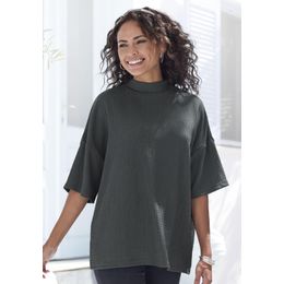 Kurzarmshirt Lascana "mit Stehkragen", Damen, Gr. 32/34, gr&uuml;n (graugr&uuml;n), Cr&ecirc;pe, Obermaterial: 97% Polyester, 3% Elasthan, unifarben, l&auml;ssig geschnitten, Shirts, aus b&uuml;gelfreier, luftiger Cr&ecirc;pe-Qualit&auml;t