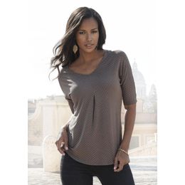 Kurzarmshirt Lascana "mit Kellerfalte", Damen, Gr. 32/34, grau (taupe, gepunktet), Obermaterial: 96% Viskose, 4% Elasthan, gemustert, ausgestellt, V-Ausschnitt, Shirts, aus luftigem Viskose-Stretch