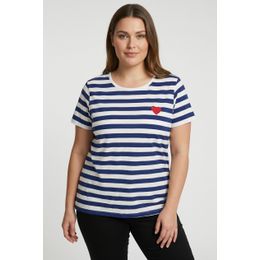 Rundhalsshirt Only CARMAKOMA "CARANITA LIFE S/S O-NECK REG TOP JRS", Damen, Gr. L, navy peony stripes:cdunkel detail emb. heart poinsettia, Jersey, Obermaterial: 100% Baumwolle, gestreift, regular fit normal, Rundhals, Shirts Rundhalsshirt
