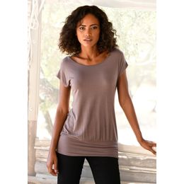 Longshirt Lascana "mit breitem Bund", Damen, Gr. 32/34, grau (taupe), Obermaterial: 95% Viskose (LENZING&trade; ECOVERO&trade;), 5% Elasthan, unifarben, figurumspielend lang, Rundhals, angeschnitten normaler Saum, Shirts Longshirt, aus luftigem Viskose-Stretch