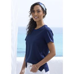 Beach Time T-Shirt BEACHTIME "mit modischem Schlitz am Saum", Damen, Gr. 32/34, blau (navy), Single Jersey, Obermaterial: 100% Baumwolle, unifarben, Basic, figurumspielend, Rundhals, Shirts T-Shirt, aus luftiger Baumwoll-Qualit&auml;t