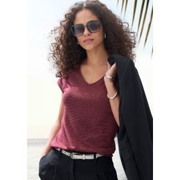 Kurzarmshirt Lascana "mit silberfarbenem Glitzereffekt", Damen, Gr. 32/34, rot (bordeaux), Obermaterial: 66% Polyester (REPREVE), 27% Viskose, 5% metallisierte Faser (LUREX), 2% Elasthan, Glitzermuster, bequem, V-Ausschnitt, Shirts, aus luftiger Qualit&auml;t mit Viskose