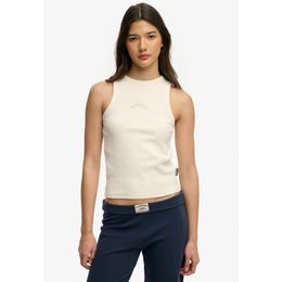 Tanktop Superdry "ESSENTIAL LOGO RACER VEST", Damen, Gr. L, desert bone sanftes wei&szlig;, Jersey, Obermaterial: 100% Baumwolle, unifarben, regular fit normal, Rundhals, Tops Tanktop, aus Baumwolle, Regular Fit, mit Rundhalsausschnitt, &auml;rmelloses Design