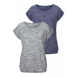 Beach Time Kurzarmshirt BEACHTIME "mit Struktureffekt", Damen, Gr. 32/34, blau (blau, meliert, grau, meliert), Obermaterial: 85% Polyester, 15% Viskose, meliert, Basic, bequem, Rundhals, Umschlagsaum, Shirts, aus luftiger Qualit&auml;t