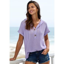 Strandshirt Lascana "aus sommerlichem Waffelstrick", Damen, Gr. 32/34, blau (flieder), Strick, Obermaterial: 64% Polyester, 34% Viskose, 2% Elasthan, leicht transparent, unifarben, l&auml;ssig geschnitten normal, V-Ausschnitt, Shirts, mit Kapuze und Knopfleiste