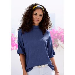 Kurzarmshirt Lascana "mit Stehkragen", Damen, Gr. 32/34, blau, Cr&ecirc;pe, Obermaterial: 97% Polyester, 3% Elasthan, unifarben, l&auml;ssig geschnitten, Shirts, aus b&uuml;gelfreier, luftiger Cr&ecirc;pe-Qualit&auml;t