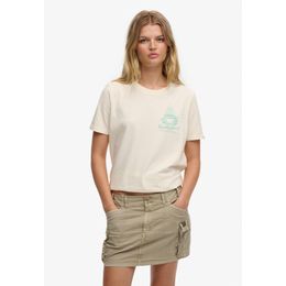 Print-Shirt Superdry "ROADSIDE TRADE RELAXED TEE", Damen, Gr. L, desert bone sanftes wei&szlig;, Single Jersey, Obermaterial: 100% Baumwolle, bedruckt, relaxed fit normal, Rundhals, Shirts, aus Baumwolle in Single Jersey, Relaxed Fit, Kurzarm