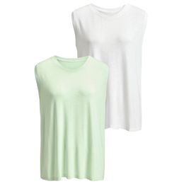 Beach Time Shirttop BEACHTIME "mit breiten Schultern", Damen, Gr. 32/34, lime, wei&szlig;, Slub, Obermaterial: 95% Viskose (LENZING&trade; ECOVERO&trade;), 5% Elasthan, unifarben, Basic, bequem normal, Rundhals, Tops Shirttop, aus luftiger Viskose-Qualit&auml;t