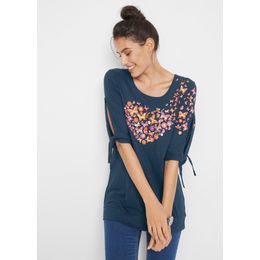 T-Shirt bonprix, Damen, Gr. 40/42 (M), blau (dunkelblau), Obermaterial: 100% Baumwolle, bequem, Shirts T-Shirt, bequeme Passform, Halbarm-Design, aus Baumwolle, ohne Kragen