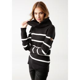 Rollkragenpullover Kangaroos, Damen, Gr. 32/34, schwarz-wei&szlig; (schwarz, wollwei&szlig;), Strick, Obermaterial: 60% Baumwolle, 40% Polyacryl, geringelt, gestreift, normal h&uuml;ftbedeckend, Rippstrickb&uuml;ndchen, Pullover Rollkragenpullover, mit Rollkragen, normale Passform, h&uuml;ftbedeckende L&auml;nge, aus Baumwolle
