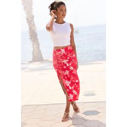 Jerseyrock Lascana, Damen, Gr. 36, rot (rot gebl&uuml;mt), Jersey, Obermaterial: 95% Viskose, 5% Elasthan, bedruckt, gebl&uuml;mt, figurbetont ca. Mitte Wade, R&ouml;cke, mit seitlicher Raffung und Schlitz, Midirock mit Blumendruck, Topseller
