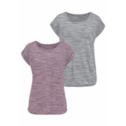 Beach Time Kurzarmshirt BEACHTIME "mit Struktureffekt", Damen, Gr. 32/34, lila (beere, meliert, grau, meliert), Obermaterial: 85% Polyester, 15% Viskose, meliert, Basic, bequem, Rundhals, Umschlagsaum, Shirts, aus luftiger Qualit&auml;t, Topseller