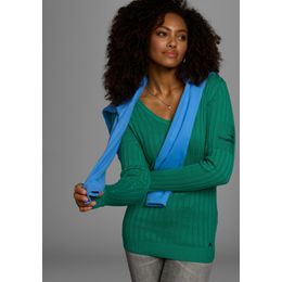 V-Ausschnitt-Pullover Kangaroos, Damen, Gr. 32/34, gr&uuml;n, Rippstrick, Obermaterial: 50% Baumwolle, 50% Polyacryl, unifarben, sehr figurbetont h&uuml;ftlang, V-Ausschnitt, Rippb&uuml;ndchen mit Daumenl&ouml;chern, Pullover Strickpullover Pullover V-Pullover, h&uuml;ftlange Schnittform, mit Rippstrick, figurbetonte Passform