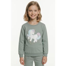 Sweatshirt name it "NMFKISA LS SWEAT UNB BOX", M&auml;dchen, Gr. 122/128, gr&uuml;n milieu, Sweatware, Obermaterial: 95% Baumwolle, 5% Elasthan, bedruckt, regular fit normal, Rundhals, Rippb&uuml;ndchen, Sweatshirts Sweatshirt, Baumwollmischung, regular fit