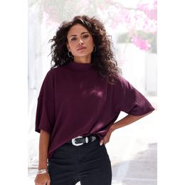 Kurzarmshirt Lascana "mit Stehkragen", Damen, Gr. 32/34, lila (aubergine), Cr&ecirc;pe, Obermaterial: 97% Polyester, 3% Elasthan, unifarben, l&auml;ssig geschnitten, Shirts, aus b&uuml;gelfreier, luftiger Cr&ecirc;pe-Qualit&auml;t