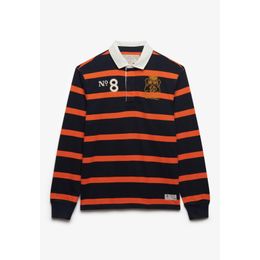 Langarmshirt Superdry "DOUBLE EMBLEM STRIPE RUGBY", Herren, Gr. L, orange (navy, orange stripe), Single Jersey, Obermaterial: 100% Baumwolle, gestreift, relaxed fit normal, ohne Ausschnitt, Shirts Langarmshirt, aus Baumwolle und Single Jersey, Relaxed Fit, gestreifte Optik