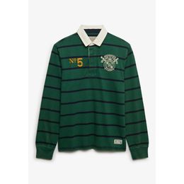 Langarmshirt Superdry "DOUBLE EMBLEM STRIPE RUGBY", Herren, Gr. L, gr&uuml;n (hunter gr&uuml;n stripe), Single Jersey, Obermaterial: 100% Baumwolle, gestreift, relaxed fit normal, ohne Ausschnitt, Shirts Langarmshirt, aus Baumwolle und Single Jersey, Relaxed Fit, gestreifte Optik
