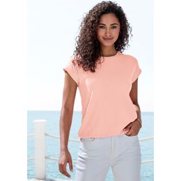 Kurzarmshirt Vivance "mit modischem Jacquard-Muster", Damen, Gr. 32/34, peach, Single Jersey, Obermaterial: 63% Polyester, 29% Viskose, 8% Elasthan, unifarben, figurumspielend, Rundhals, Shirts, aus luftiger Qualit&auml;t mit Viskose