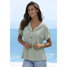 Strandshirt Lascana "aus sommerlichem Waffelstrick", Damen, Gr. 32/34, blau (mint), Strick, Obermaterial: 64% Polyester, 34% Viskose, 2% Elasthan, leicht transparent, unifarben, l&auml;ssig geschnitten normal, V-Ausschnitt, Shirts, mit Kapuze und Knopfleiste