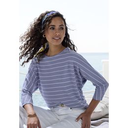 3/4-Arm-Shirt Vivance "mit modischer Streifenstruktur", Damen, Gr. 32/34, blau (blau, wei&szlig;), Strick, Obermaterial: 42% Baumwolle, 42% Viskose, 12% Polyester, 4% Elasthan, gestreift, loose fit, Rundhals, Shirts 3/4-Arm-Shirt, aus luftiger Baumwoll-Viskose-Qualit&auml;t