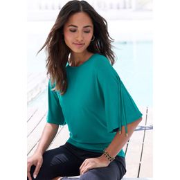 Rundhalsshirt Lascana "mit variabler &Auml;rmell&auml;nge", Damen, Gr. 32/34, gr&uuml;n (smaragd), Single Jersey, Obermaterial: 95% Viskose (LENZING&trade; ECOVERO&trade;), 5% Elasthan, unifarben, bequem, Rundhals, verstellbar, Shirts Rundhalsshirt, aus luftigem Viskose-Stretch