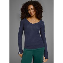 V-Ausschnitt-Pullover Kangaroos, Damen, Gr. 32/34, blau (marine), Rippstrick, Obermaterial: 50% Baumwolle, 50% Polyacryl, unifarben, sehr figurbetont h&uuml;ftlang, V-Ausschnitt, Rippb&uuml;ndchen mit Daumenl&ouml;chern, Pullover Strickpullover Pullover V-Pullover, h&uuml;ftlange Schnittform, mit Rippstrick, figurbetonte Passform