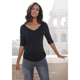 Kurzarmshirt Lascana "mit Kellerfalte", Damen, Gr. 32/34, schwarz (schwarz, gepunktet), Obermaterial: 96% Viskose, 4% Elasthan, gemustert, ausgestellt, V-Ausschnitt, Shirts, aus luftigem Viskose-Stretch