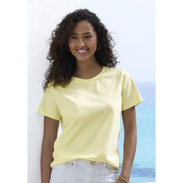 Beach Time T-Shirt BEACHTIME "mit modischem Schlitz am Saum", Damen, Gr. 32/34, gelb, Single Jersey, Obermaterial: 100% Baumwolle, unifarben, Basic, figurumspielend, Rundhals, Shirts T-Shirt, aus luftiger Baumwoll-Qualit&auml;t