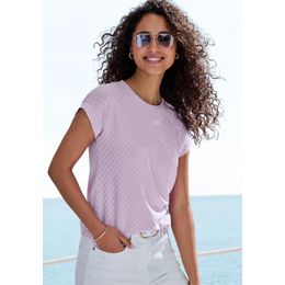 Kurzarmshirt Vivance "mit modischem Jacquard-Muster", Damen, Gr. 32/34, lila (flieder), Single Jersey, Obermaterial: 63% Polyester, 29% Viskose, 8% Elasthan, unifarben, figurumspielend, Rundhals, Shirts, aus luftiger Qualit&auml;t mit Viskose