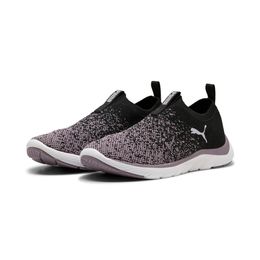 Slip-On Sneaker Puma "SOFTRIDE REMI SLIP-ON KNIT WN'S", Damen, Gr. 38,5, Puma schwarz, plum jam, Textil, Schuhe, f&uuml;r Sport, mit SOFTFOAM+ D&auml;mpfung, aus gestricktem Textil
