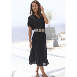 Midikleid Buffalo "mit Smokbund in der Taille aus gekreppter Webware", Damen, Gr. 34, N-Gr, schwarz, Cr&ecirc;pe, Obermaterial: 100% Viskose, unifarben, figurumspielend ca. Mitte Wade, Rundhals, mit Aufschlag, Kleider Midikleid, luftiges Sommerkleid, leichtes Strandkleid, Hemdblusenkleid, casual