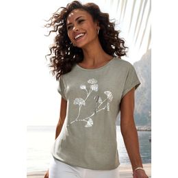 Kurzarmshirt Lascana "mit schimmerndem Blumenprint", Damen, Gr. 32/34, gr&uuml;n (khaki), Single Jersey, Obermaterial: 95% Viskose (LENZING&trade; ECOVERO&trade;), 5% Elasthan, bedruckt, bequem normal, Rundhals, mit Aufschlag, Shirts, Sommershirt aus luftiger Viskose-Qualit&auml;t, Topseller