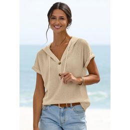 Strandshirt Lascana "aus sommerlichem Waffelstrick", Damen, Gr. 32/34, gelb, Strick, Obermaterial: 64% Polyester, 34% Viskose, 2% Elasthan, leicht transparent, unifarben, l&auml;ssig geschnitten normal, V-Ausschnitt, Shirts, mit Kapuze und Knopfleiste
