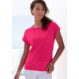 T-Shirt Vivance "mit modischer Struktur", Damen, Gr. 32/34, orange (koralle), Strick, Obermaterial: 65% Polyester (REPREVE), 35% Baumwolle, Strukturmuster, unifarben, Basic, bequem, Rundhals, mit Aufschlag Aufschlag, Shirts T-Shirt, aus b&uuml;gelfreier, luftiger Qualit&auml;t mit Baumwolle