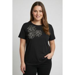 Rundhalsshirt Only CARMAKOMA "CARTIMON LIFE S/S O-NECK REG FIT TEE JRS", Damen, Gr. L, schwarz detail:flower, Jersey, Obermaterial: 100% Baumwolle, bedruckt, regular fit, Rundhals, Shirts Rundhalsshirt