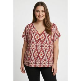 V-Shirt Only CARMAKOMA "CARBELLY MIKASI SS V-NECK TOP AOP", Damen, Gr. 42, brick rot aop:abstract squares, Jersey, Obermaterial: 80% Viskose, 20% Nylon, bedruckt, regular fit normal, V-Ausschnitt, Shirts