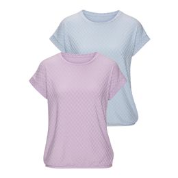 Kurzarmshirt Vivance "mit modischem Jacquard-Muster", Damen, Gr. 32/34, lila (eisblau, lila), Obermaterial: 63% Polyester, 29% Viskose, 8% Elasthan, unifarben, figurumspielend, Rundhals, Shirts, Sommerliches T-Shirt mit sch&ouml;nem Jacqaurdmuster