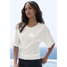 Rundhalsshirt Lascana "mit variabler &Auml;rmell&auml;nge", Damen, Gr. 40/42, beige (creme), Single Jersey, Obermaterial: 95% Viskose (LENZING&trade; ECOVERO&trade;), 5% Elasthan, unifarben, bequem, Rundhals, verstellbar, Shirts Rundhalsshirt, aus luftigem Viskose-Stretch