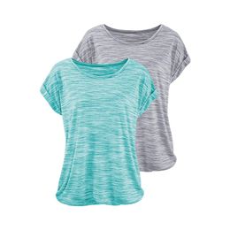 Beach Time Kurzarmshirt BEACHTIME "mit Struktureffekt", Damen, Gr. 32/34, gr&uuml;n (mint, meliert, grau, meliert), Obermaterial: 85% Polyester, 15% Viskose, meliert, Basic, bequem, Rundhals, Umschlagsaum, Shirts, aus luftiger Qualit&auml;t