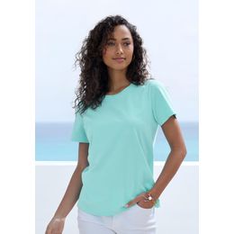 Beach Time T-Shirt BEACHTIME "mit modischem Schlitz am Saum", Damen, Gr. 32/34, blau (t&uuml;rkis), Single Jersey, Obermaterial: 100% Baumwolle, unifarben, Basic, figurumspielend, Rundhals, Shirts T-Shirt, aus luftiger Baumwoll-Qualit&auml;t