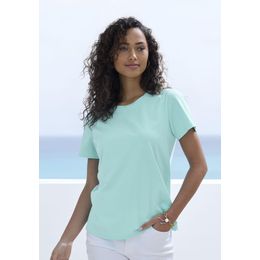 Beach Time T-Shirt BEACHTIME "mit modischem Schlitz am Saum", Damen, Gr. 32/34, blau (t&uuml;rkis), Single Jersey, Obermaterial: 100% Baumwolle, unifarben, Basic, figurumspielend, Rundhals, Shirts T-Shirt, aus luftiger Baumwoll-Qualit&auml;t